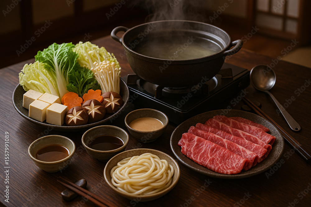 Japanese Shabu Shabu Hot Pot Set with Wagyu Beef, Vegetables, and Udon ...