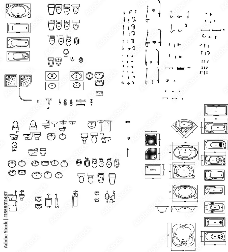 2D AutoCAD Bathroom Blocks – Toilet, Bathtub, Shower Faucet, Water ...