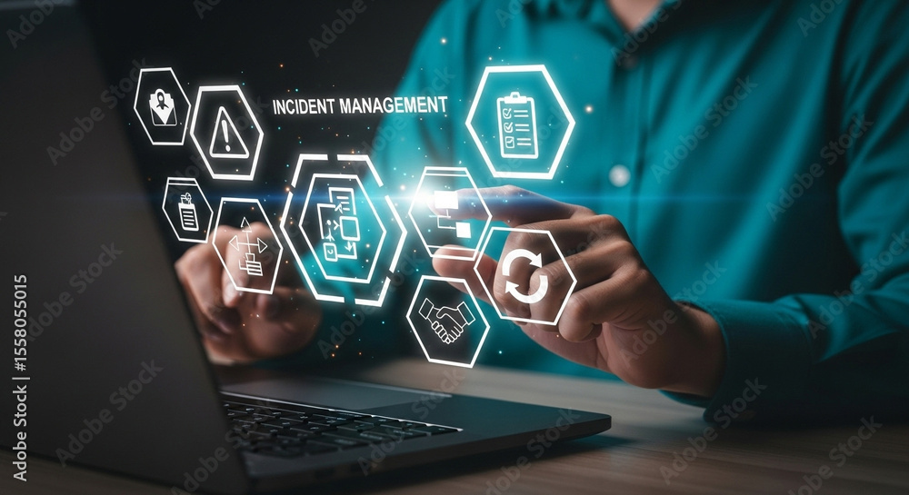 Man using laptop with incident management interface and icons displayed ...