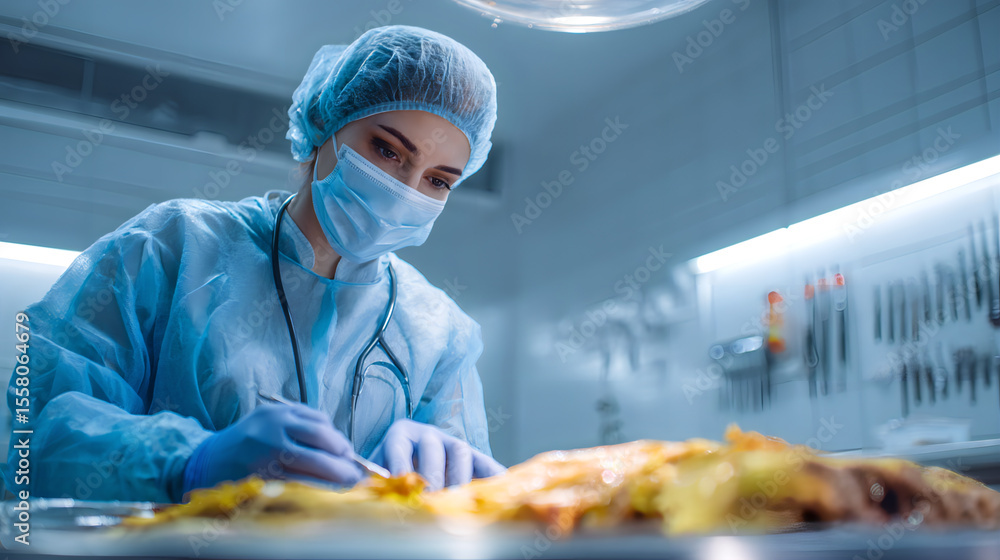 Zdjęcie bez tantiem: Female Forensic Specialist Doctor is examining a dead body on the autopsy ...