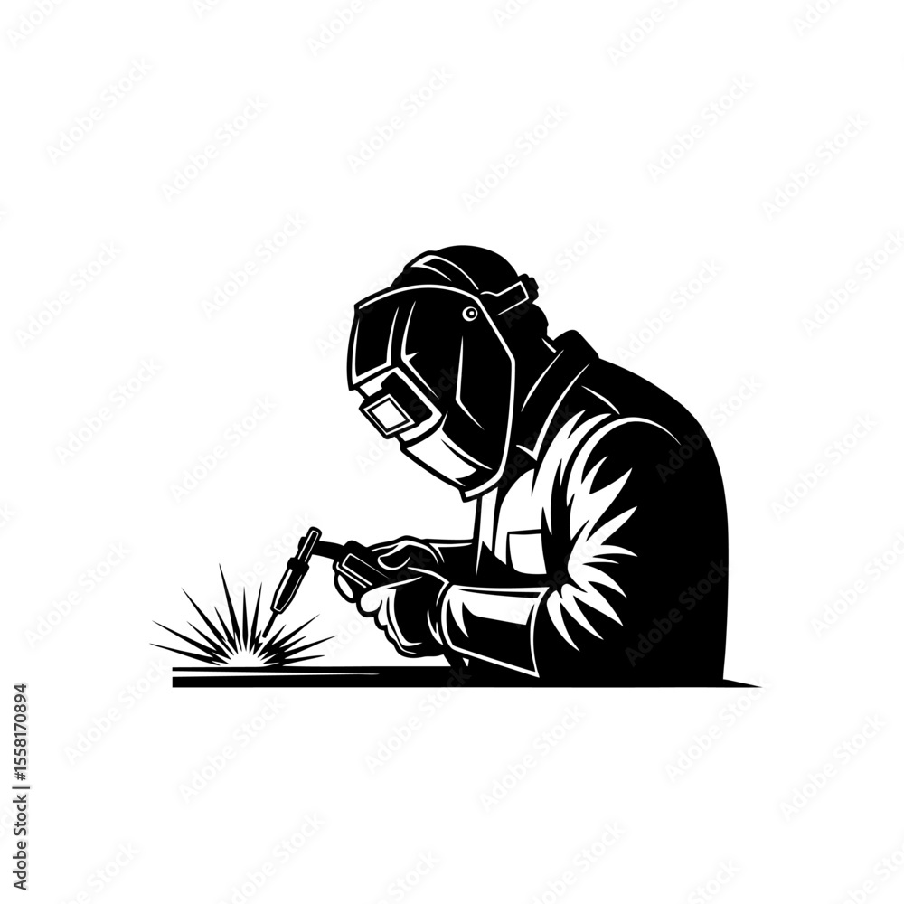 Welding Logo, Classic Welder at Work Logo, Side Profile Silhouette With ...