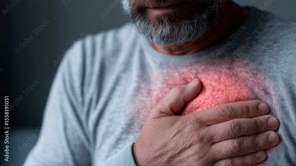 Crimson heat spreads across a man’s chest as he clutches his heart ...