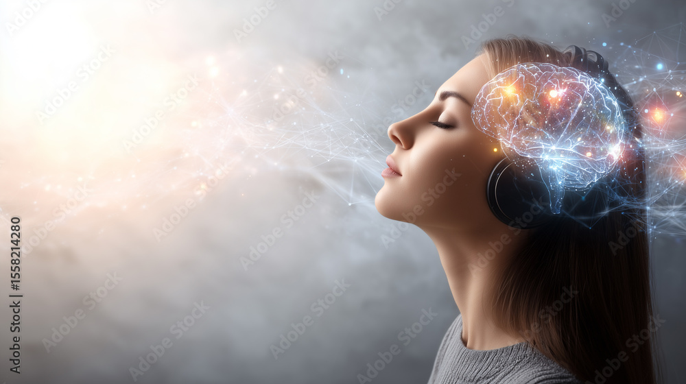 Woman meditating with headphones, visualizing mental clarity and inner ...