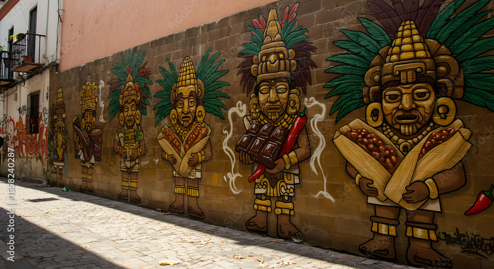 Mayan Mural Art Depicting Ancient Figures Holding Food and Chocolate on ...