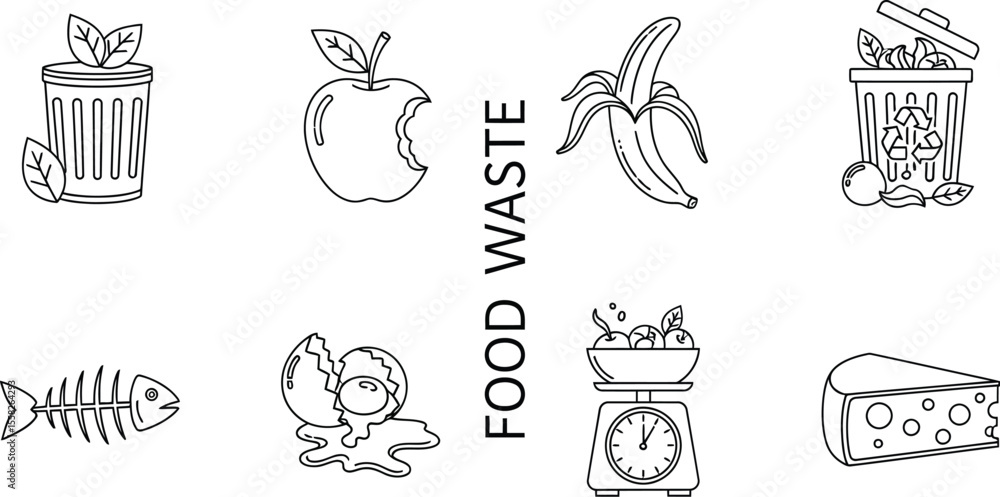 Line art illustration of food waste items and recycling containers ...
