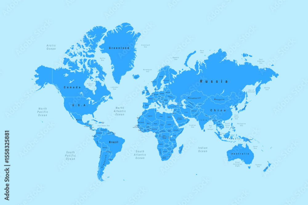 World map. Ultra detailed political map with country names. Flat vector ...