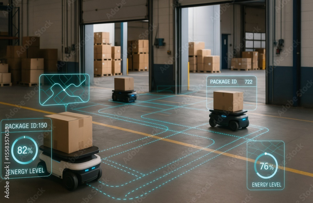 Autonomous Delivery Robots in Warehouse with Digital Overlays Showing ...