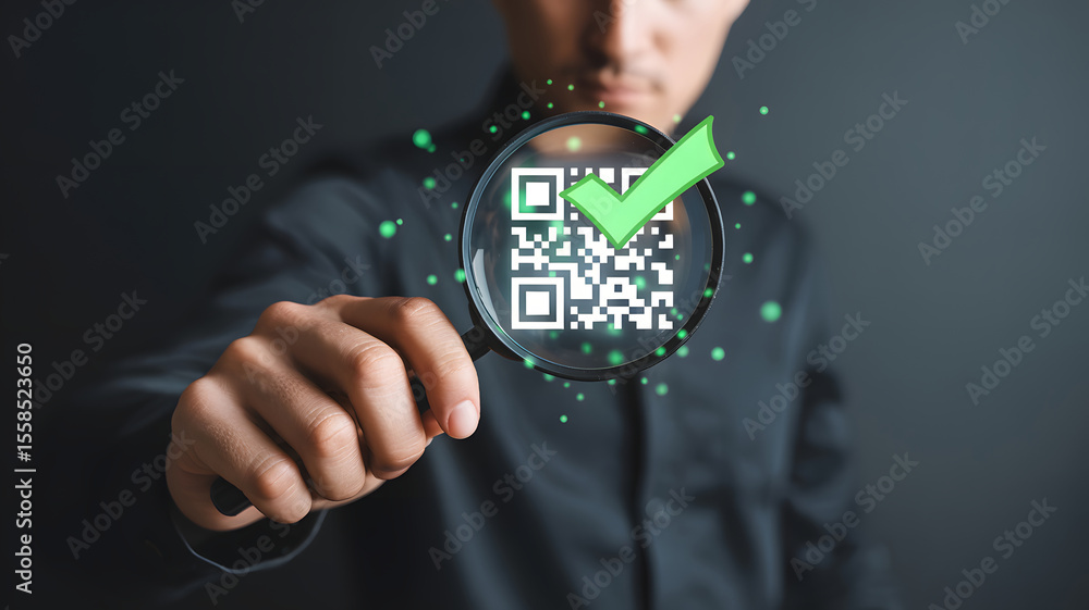 Checking QR code, a magnifying glass scans the code revealing a green ...