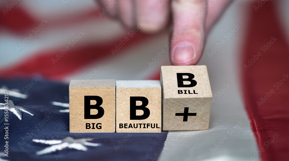 Cubes form the expression BB+ and BBB (Big Beautiful Bill). Symbol for ...