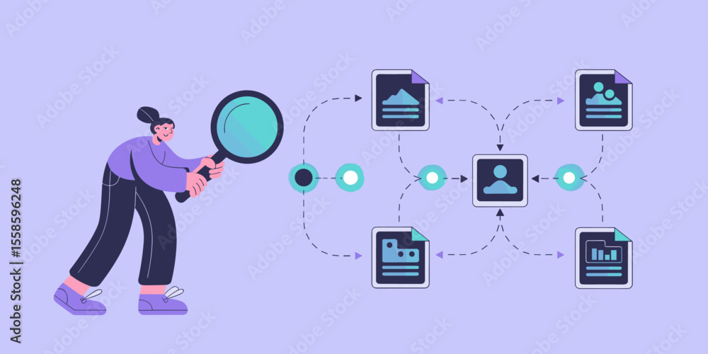 data analyst with magnifying glass tracing an information workflow, vector illustration for data ...