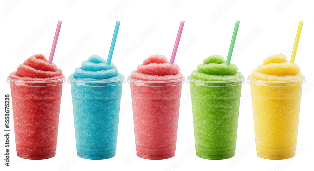 Five colorful slushies in plastic cups with straws, isolated on ...