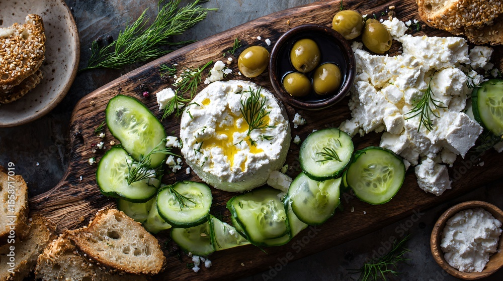 Flat lay of Mediterranean cheese board breakfast: labneh, goat cheese ...