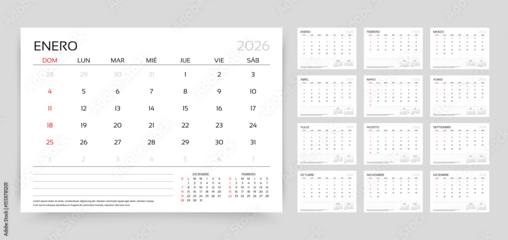 Calendar 2026 year. Spanish planner template. Week starts Sunday ...