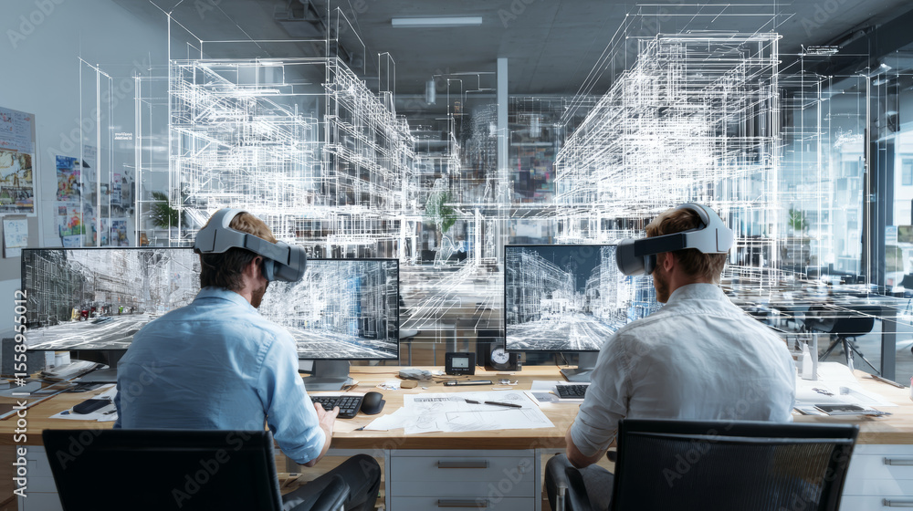 A futuristic workspace shows architects or engineers using VR headsets ...