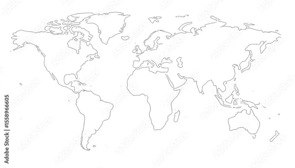 Outline of the world map shows continents and oceans for geography and ...