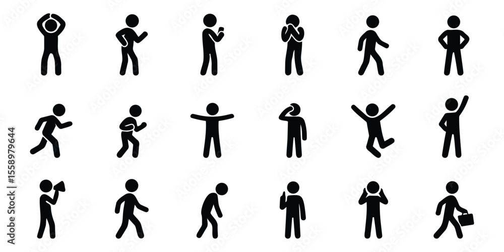 Stickman avatar set in multiple standing and expressive postures with ...