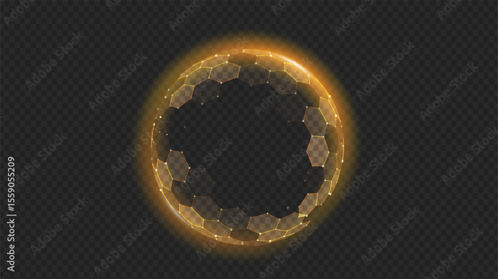 Gold shield sphere with 3D honeycomb protect effect. Tech glowing ...