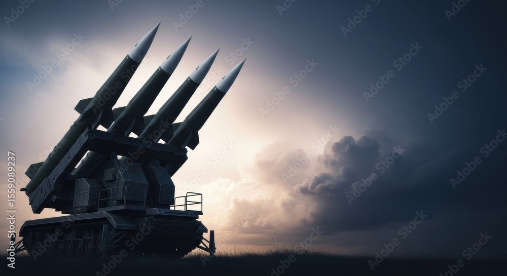 A mobile surface-to-air missile launcher with four missiles positioned ...