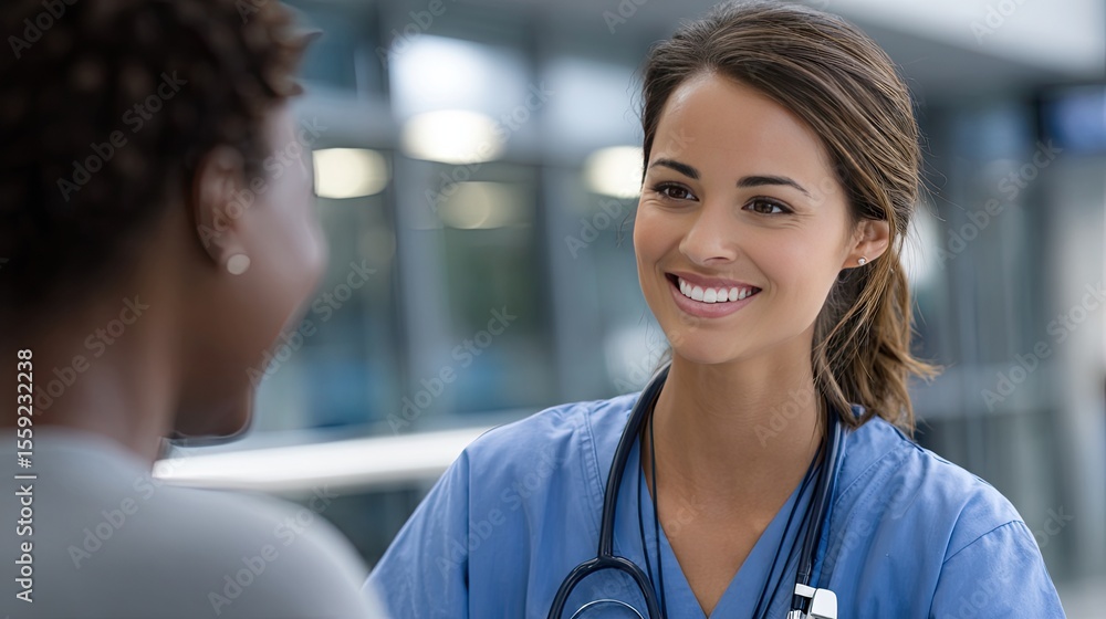 Young female doctor in medical attire smiles brightly, creating a ...