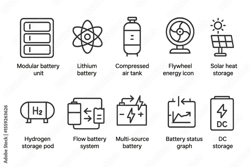 Energy storage icons: battery, hydrogen, solar, dc power, air tank ...