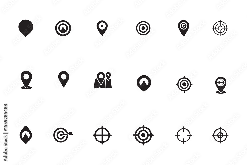 Map pin and target glyph icon set. Location marker, GPS pointer, and ...