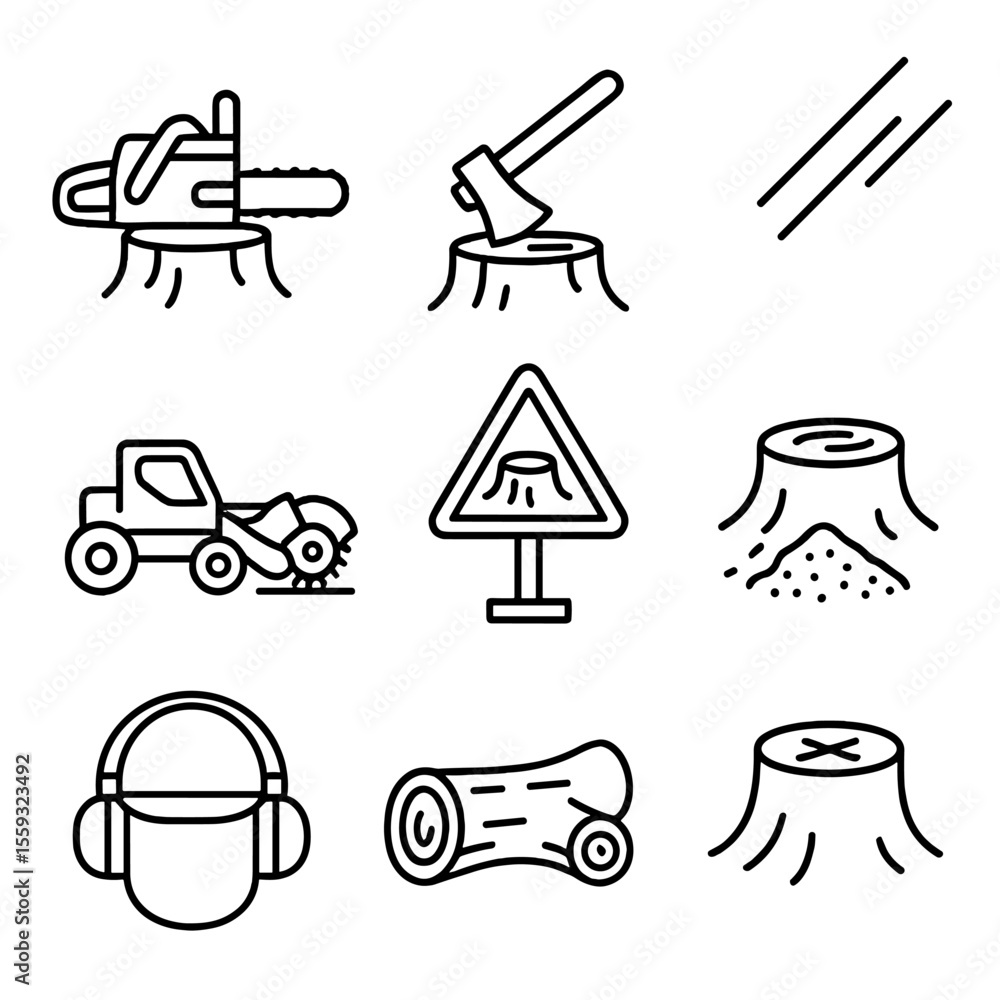 Logging Equipment Icons. Line style icons of logging and stump cutting ...