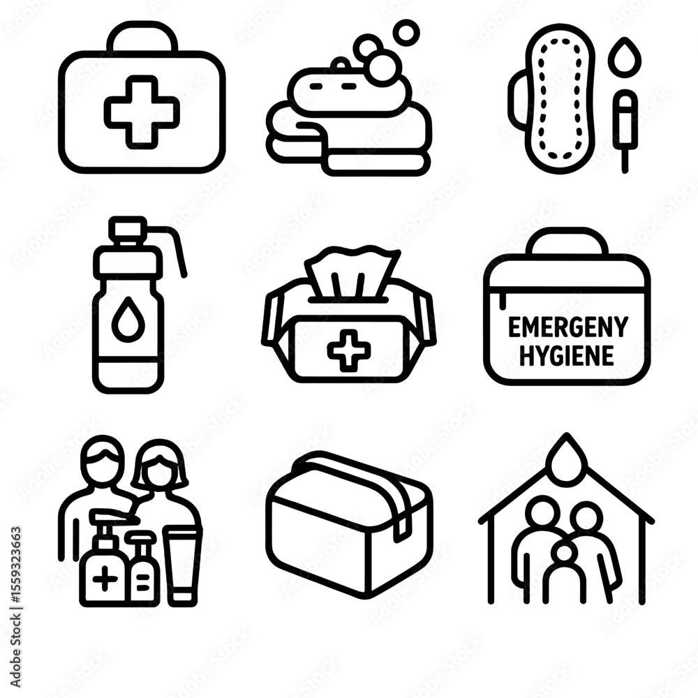 Emergency Hygiene Icons. Line style icons of emergency hygiene kits ...