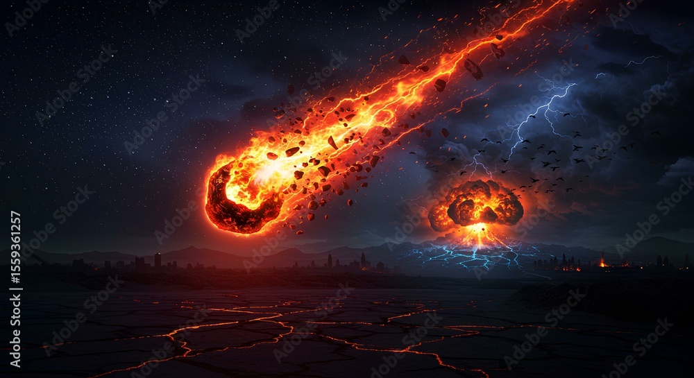 Fiery Meteorite Striking Earth with Volcanic Eruption and Lightning in ...