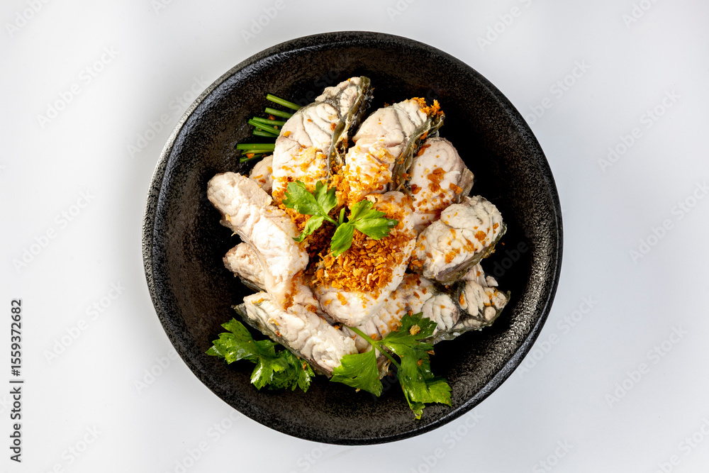 steamed sea bass sliced fish with dipping sauce and vegetable Stock ...