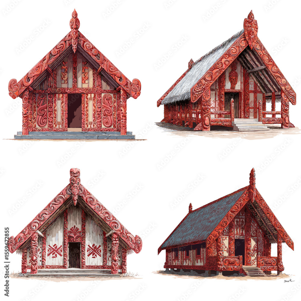 Stock-Vektorgrafik „Detailed illustrations of Maori Wharenui houses ...