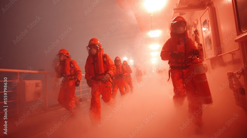 A training scenario onboard a ship featuring crew members in a ...