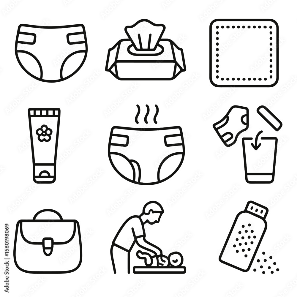 Diaper Changing Icons. Outline style icons of diaper changing routine ...