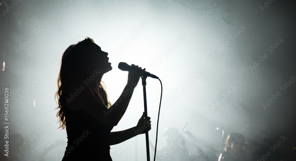 Female singer silhouette performing live on stage with microphone Stock ...