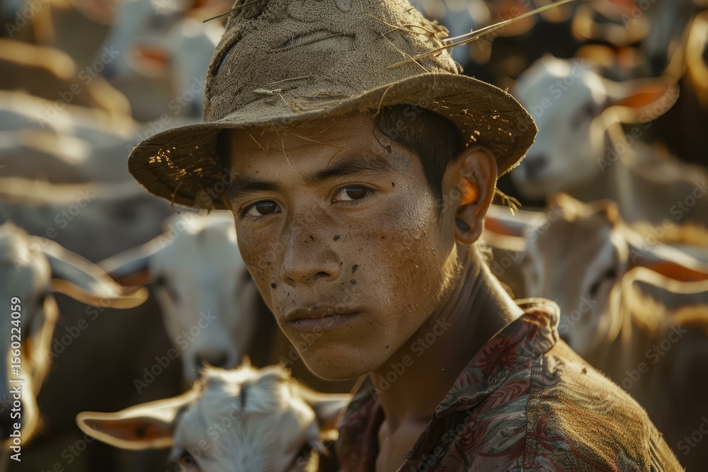 Young shepherd wearing a worn hat standing in front of his flock of ...