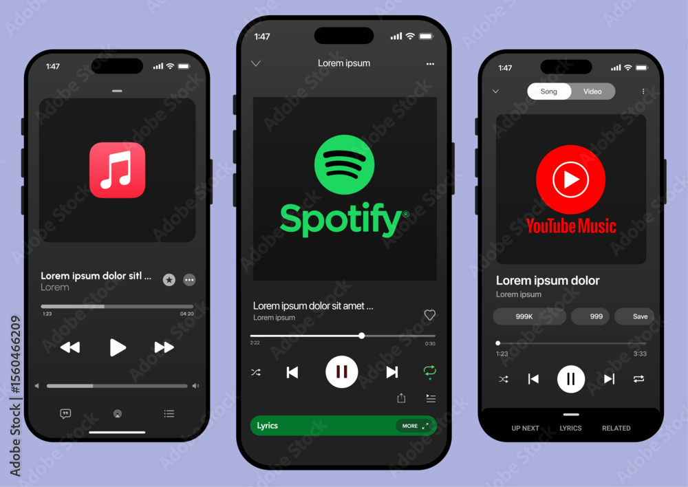 Music streaming UI mockup for Spotify, YouTube Music, Apple Music ...