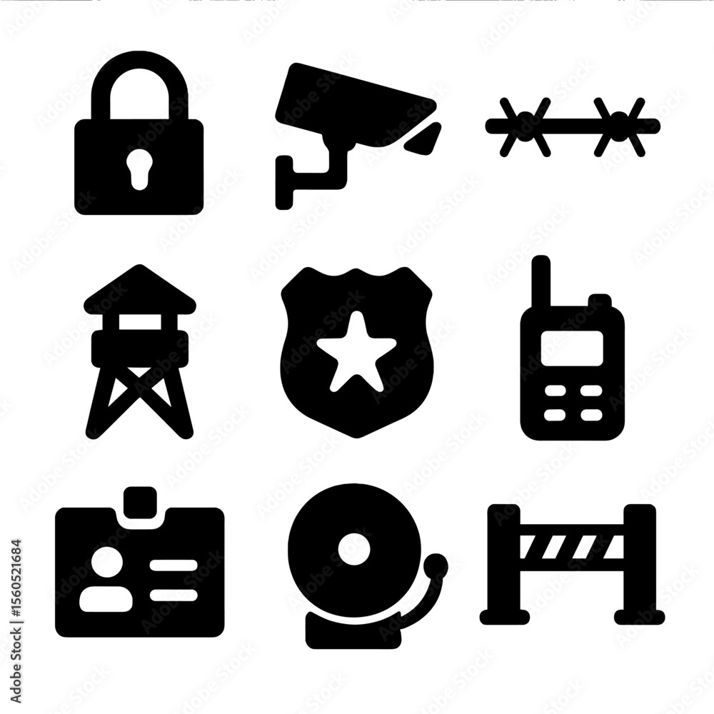 Army Barracks Security Icons. Solid, filled icon set of army barracks ...