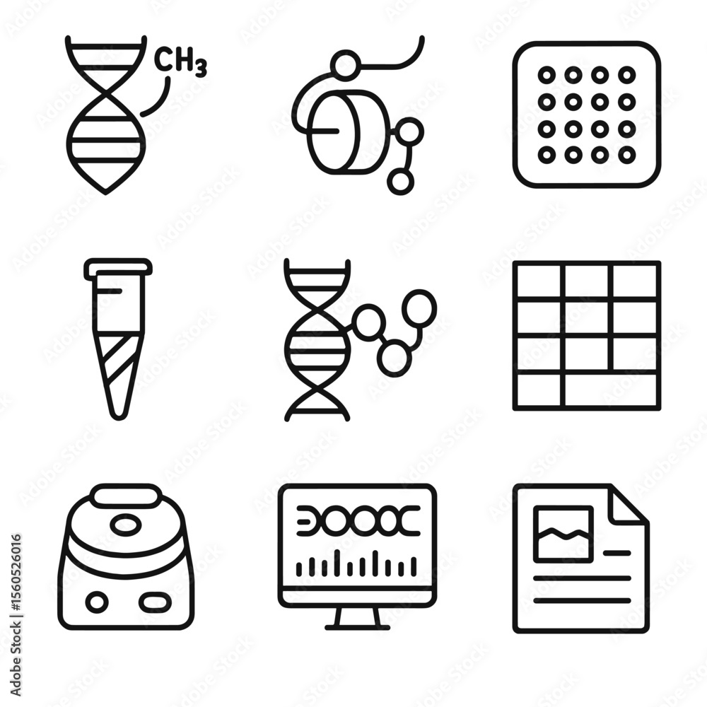 Epigenetic Profiling Icons. Outline icon set of epigenetic profiling ...