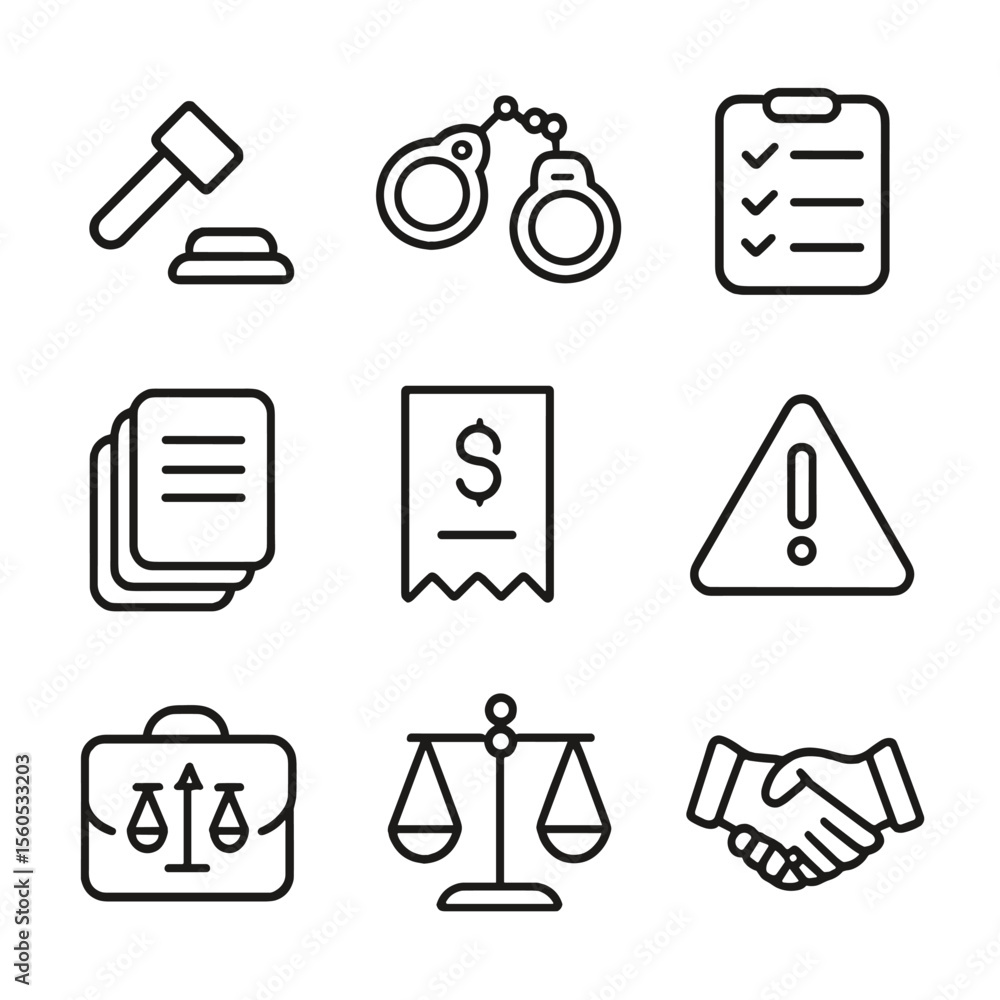 Legal Icons Grid. Outline icon set of legal consequences and compliance ...