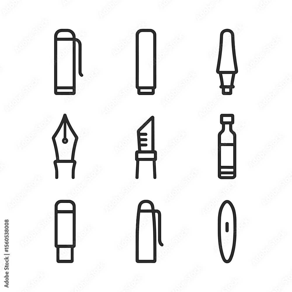 Fountain Pen Anatomy Icons. Outline icon set of fountain pen anatomy ...