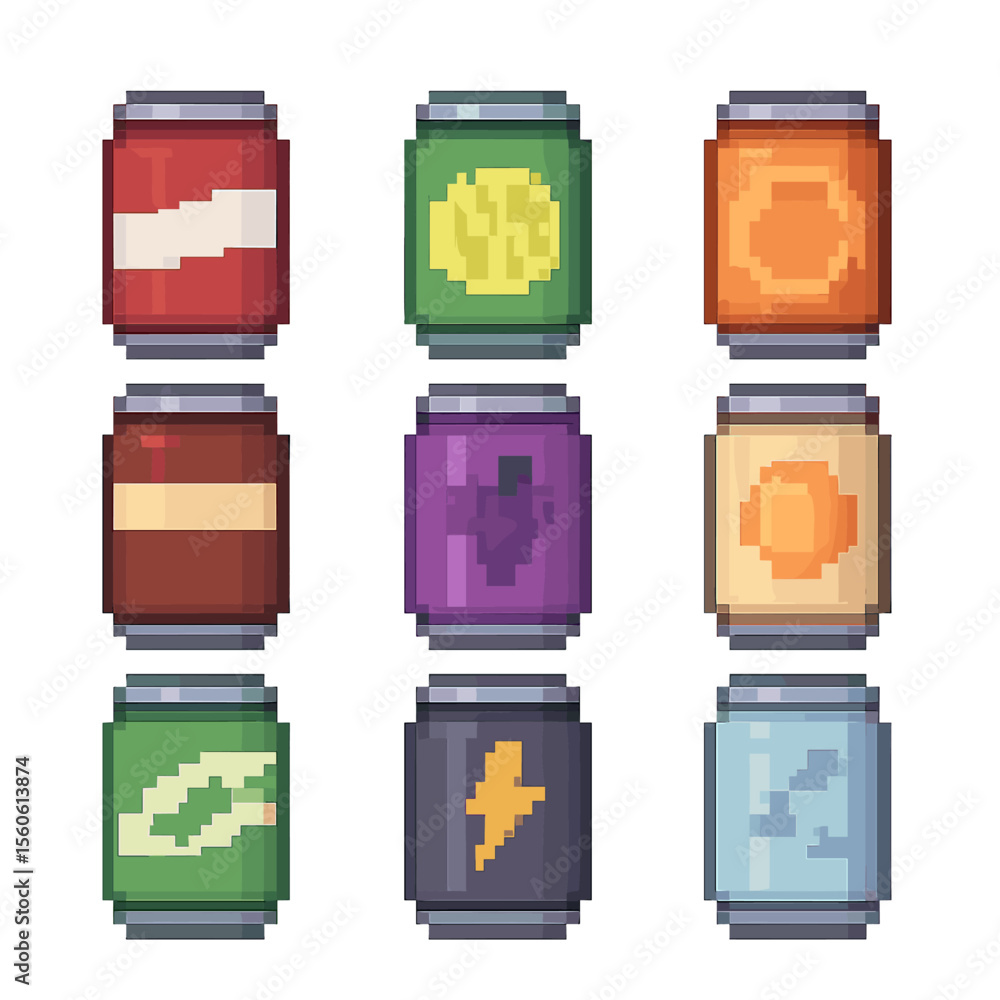 เวกเตอร์ Stock Pixel Soda Varieties. Pixel art icon set of flavored ...