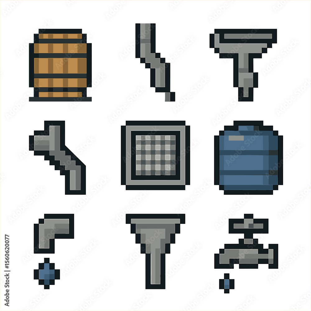 Rainwater Harvesting Icons. Pixel art icon set of rainwater harvesting ...