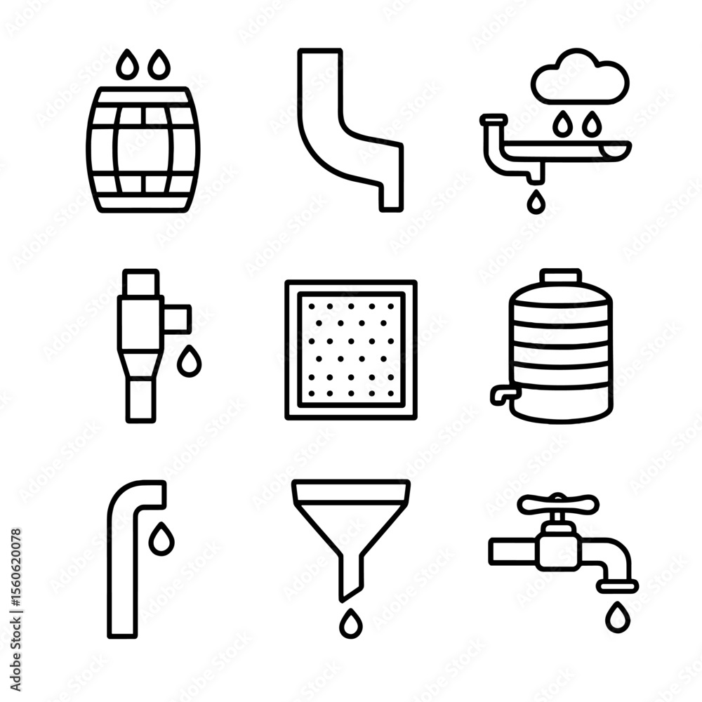 Rainwater Harvesting Icons. Outline icon set of rainwater harvesting ...