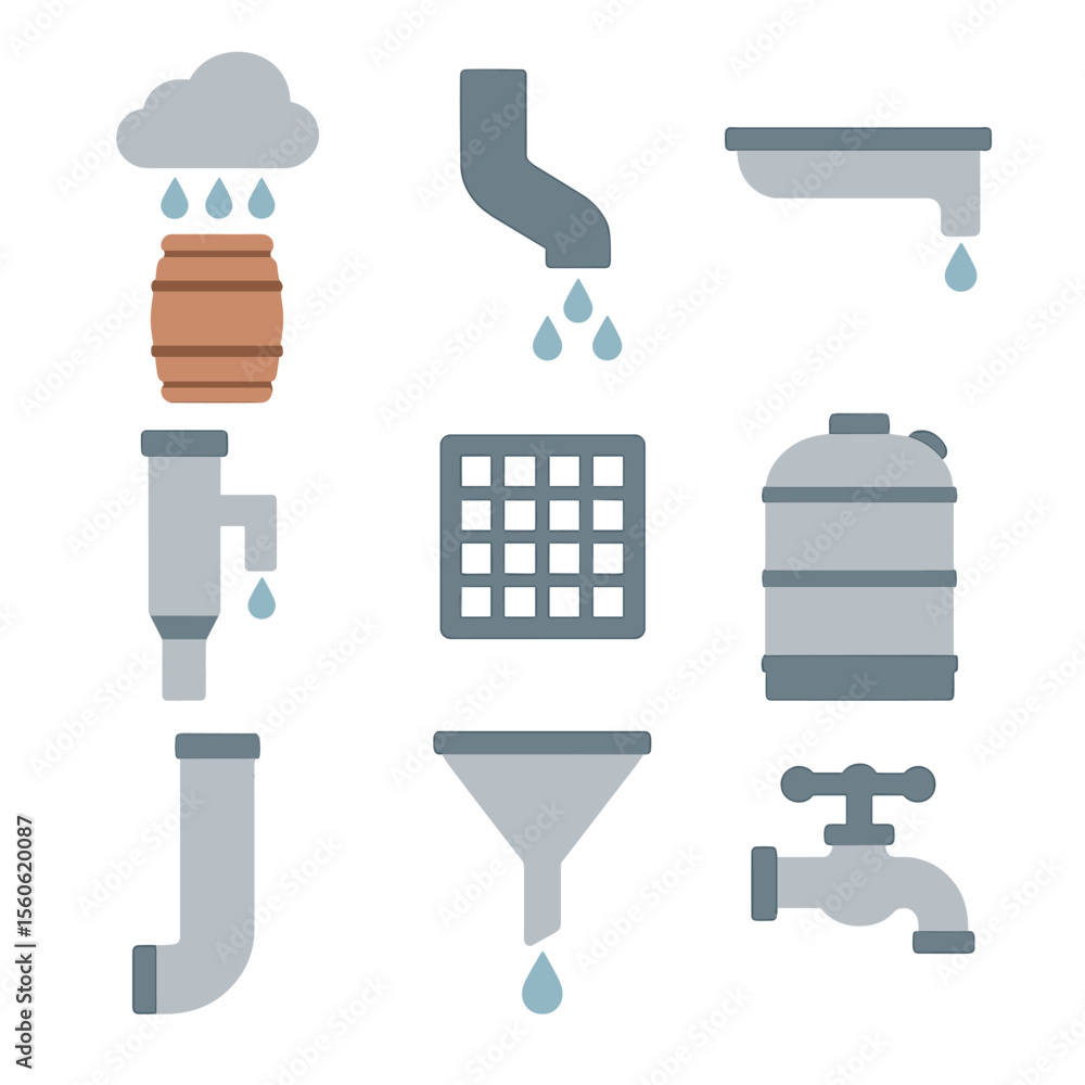Rainwater Harvesting Icons. Flat icon set of rainwater harvesting: rain ...