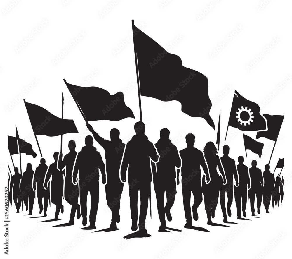 Silhouettes of people marching with flags protest demonstration Stock ...
