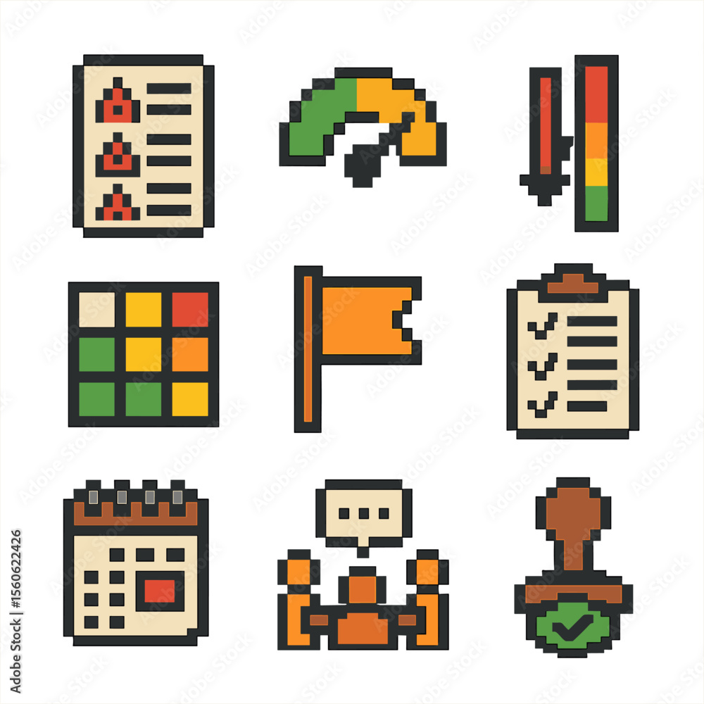 Risk Assessment Icons. Pixel art icon set of risk assessment process ...