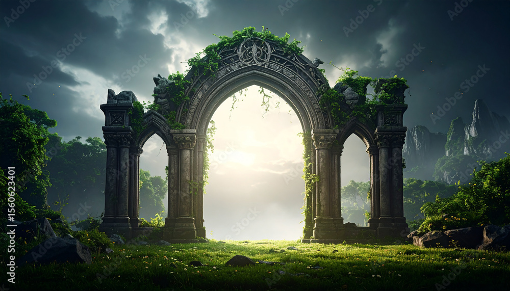 Old arch with crumbling pillars, portal to hidden world. Ancient ...