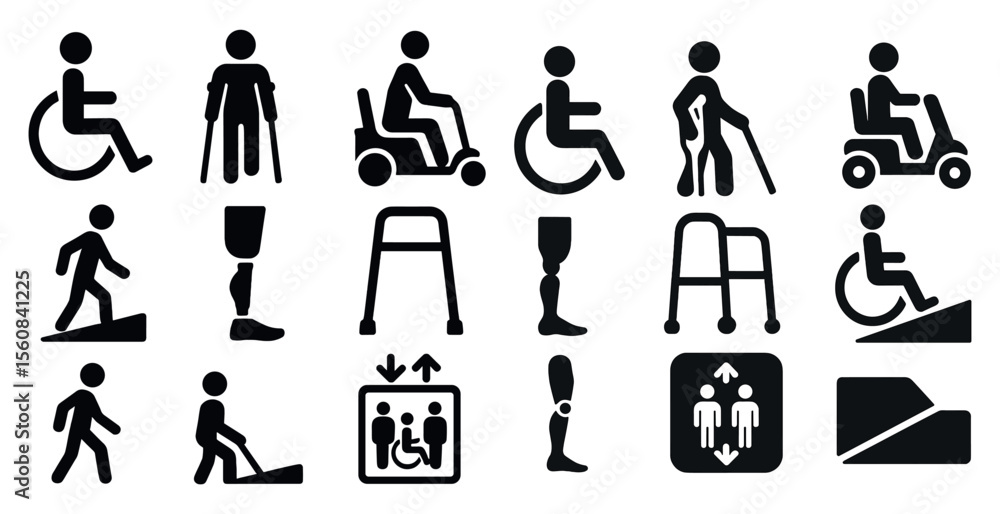 Collection of icons for people with disabilities. The icons include a ...