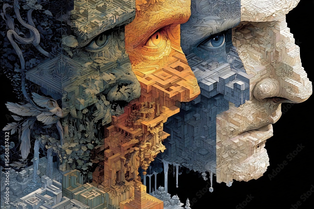 Dreamlike human profile divided into three vertical layers conscious ...