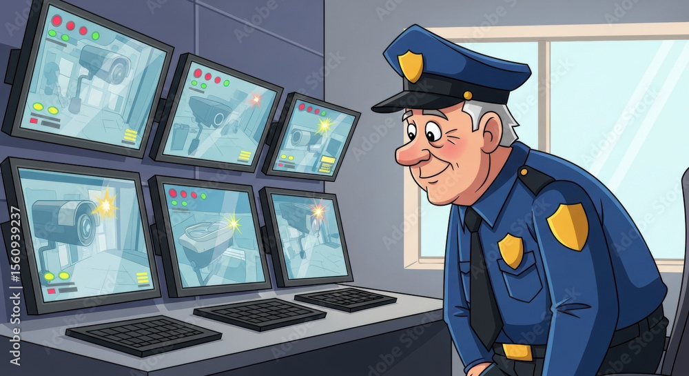 Security guard monitoring cctv cameras in control room cartoon ...