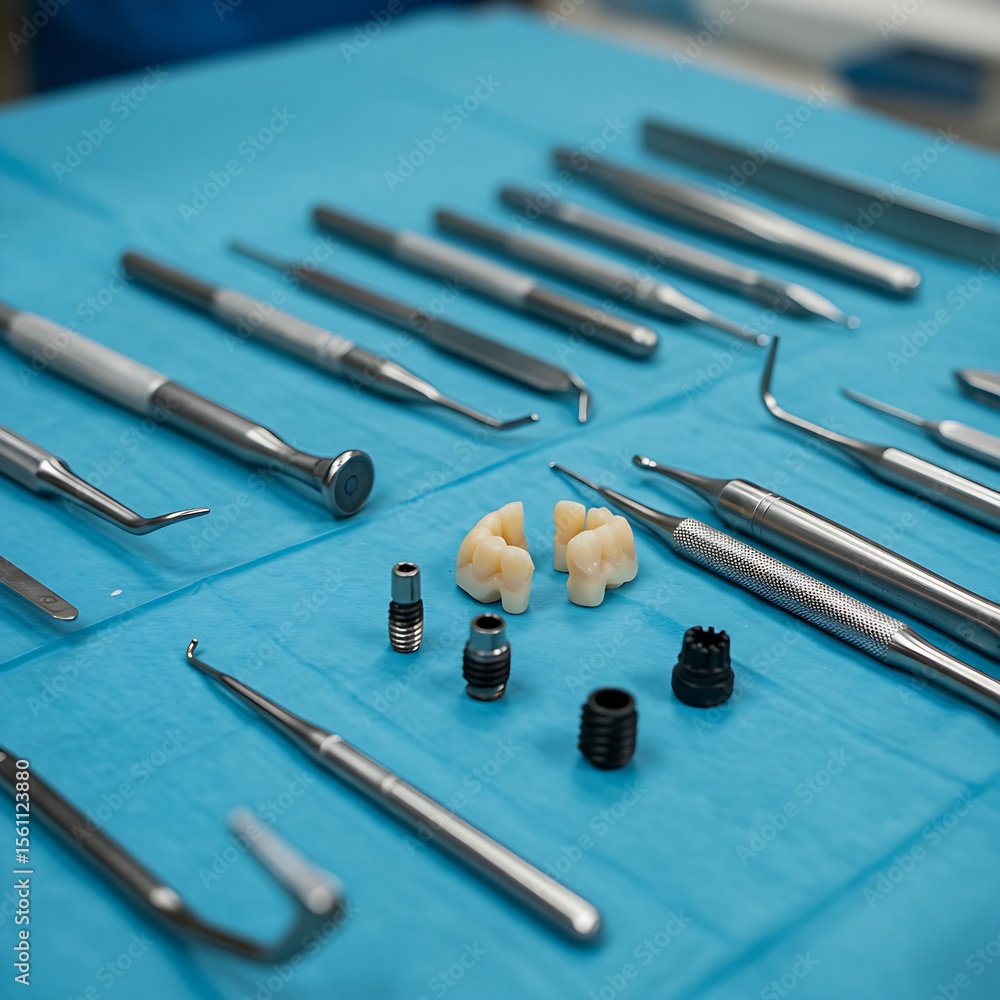 dental tools and instruments, neatly organized on a blue sterile mat ...